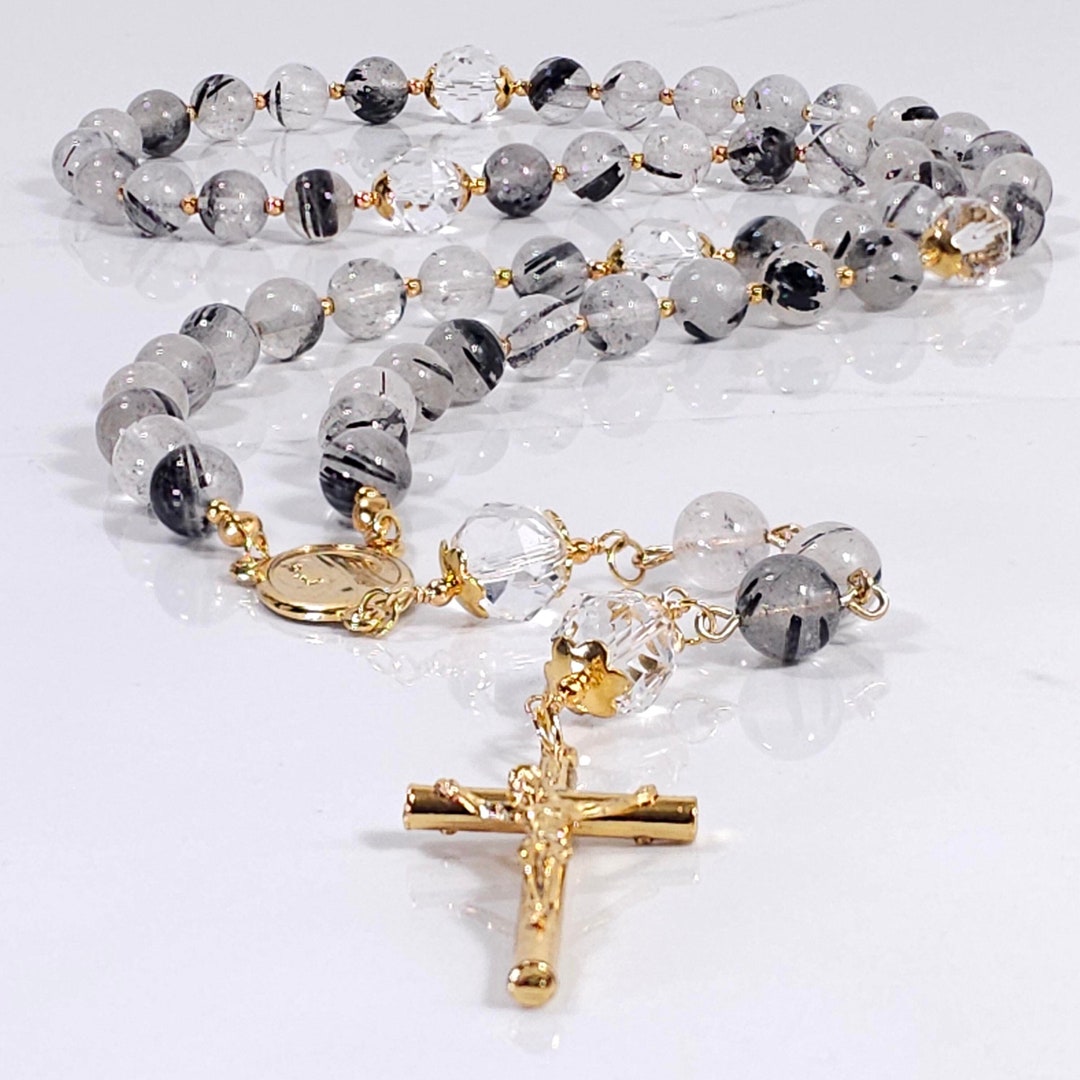 Black Tourmaline Quartz Rosary: via Dolorosa, Gold-plated Madonna - Etsy