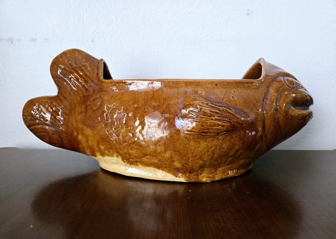 Antique Folk Art Fish Planter: Brown Glazed Pottery Jardiniere - Etsy