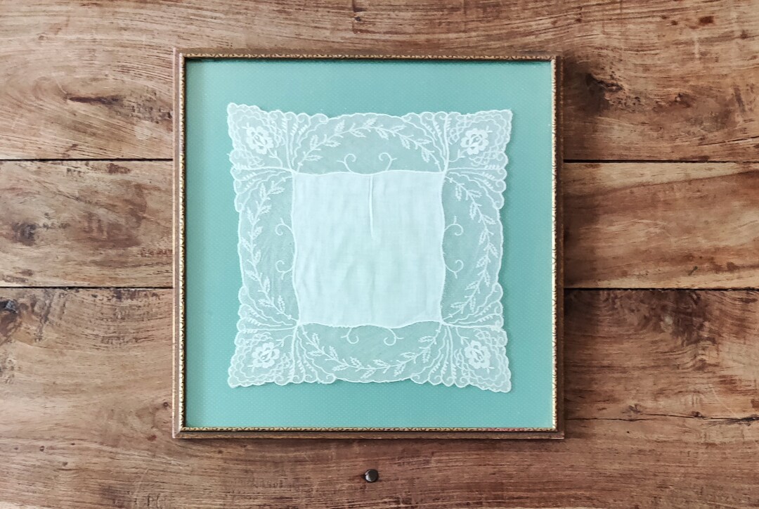 Antique Wedding Handkerchief Framed Green Polkadot Antique Hankies ...