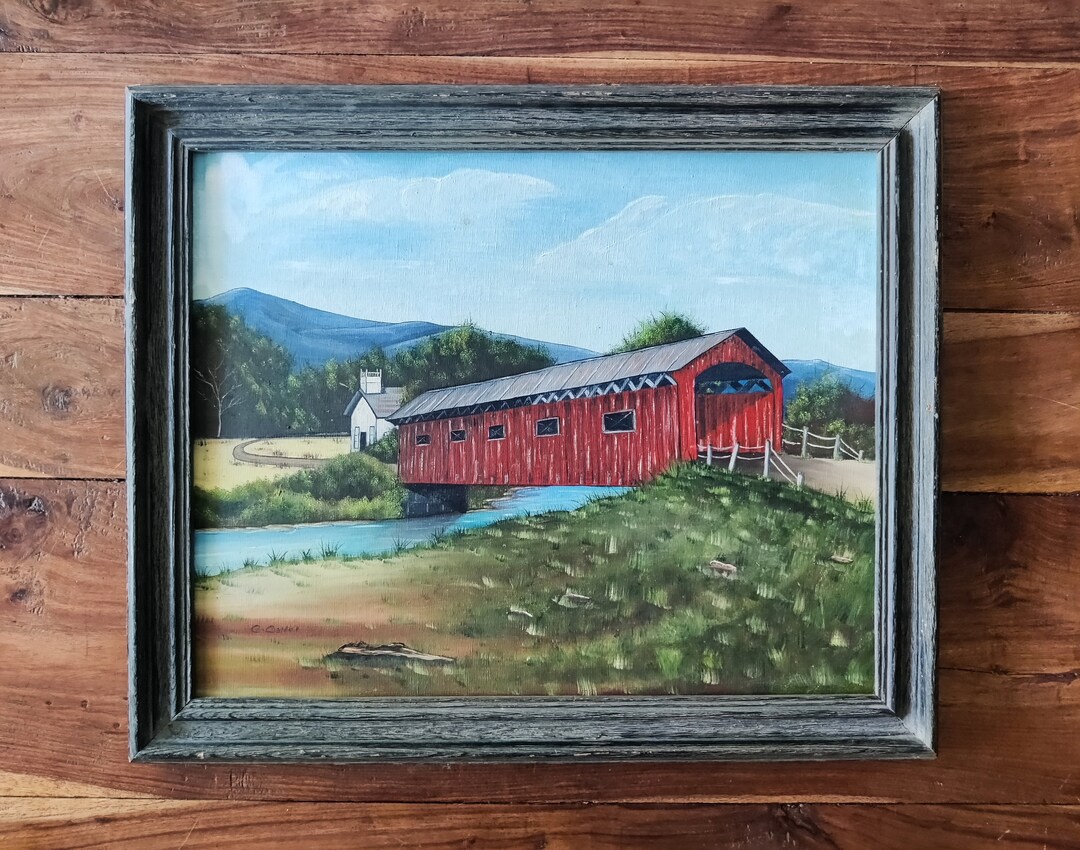 Vintage Oil Painting by Colene Calder Original Art Covered Bridge ...