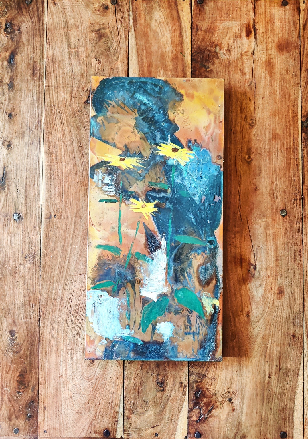 Ken Rausch Painting: Abstract Floral Art on Copper (23x11) - Etsy