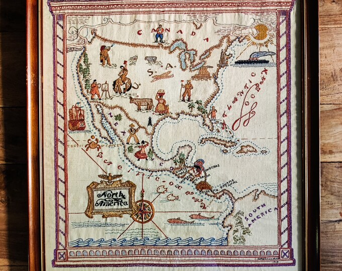 Vintage Embroidered Map of North America Original Art Folk Art Antique ...