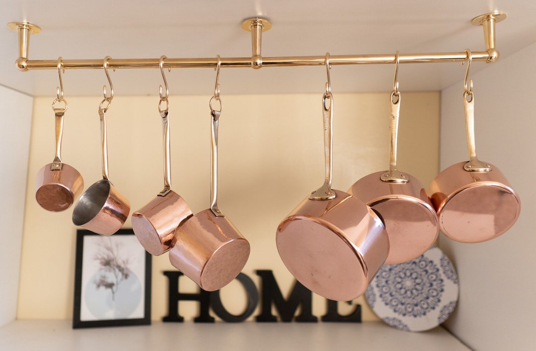 Hanging Pot Rack, Brass Hanging Bar, Brass S Hooks, Antique Brass Rod ...