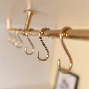 Hanging Pot Rack, Brass Hanging Bar, Brass S Hooks, Antique Brass Rod ...