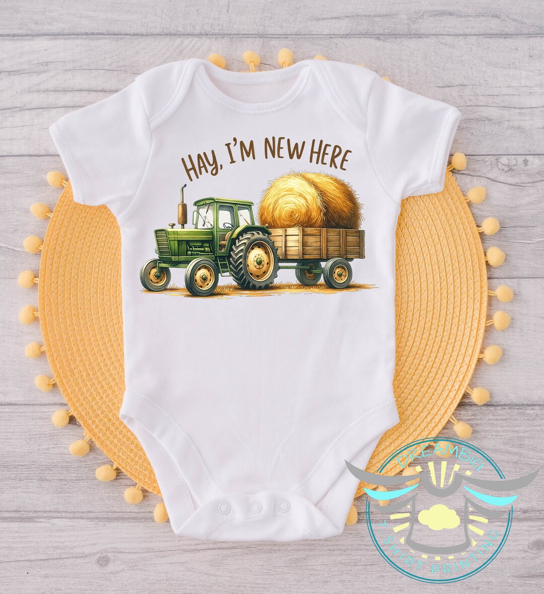 Hay I'm New Here Farming Baby Onesie® Birth Announcement, Gender Reveal ...