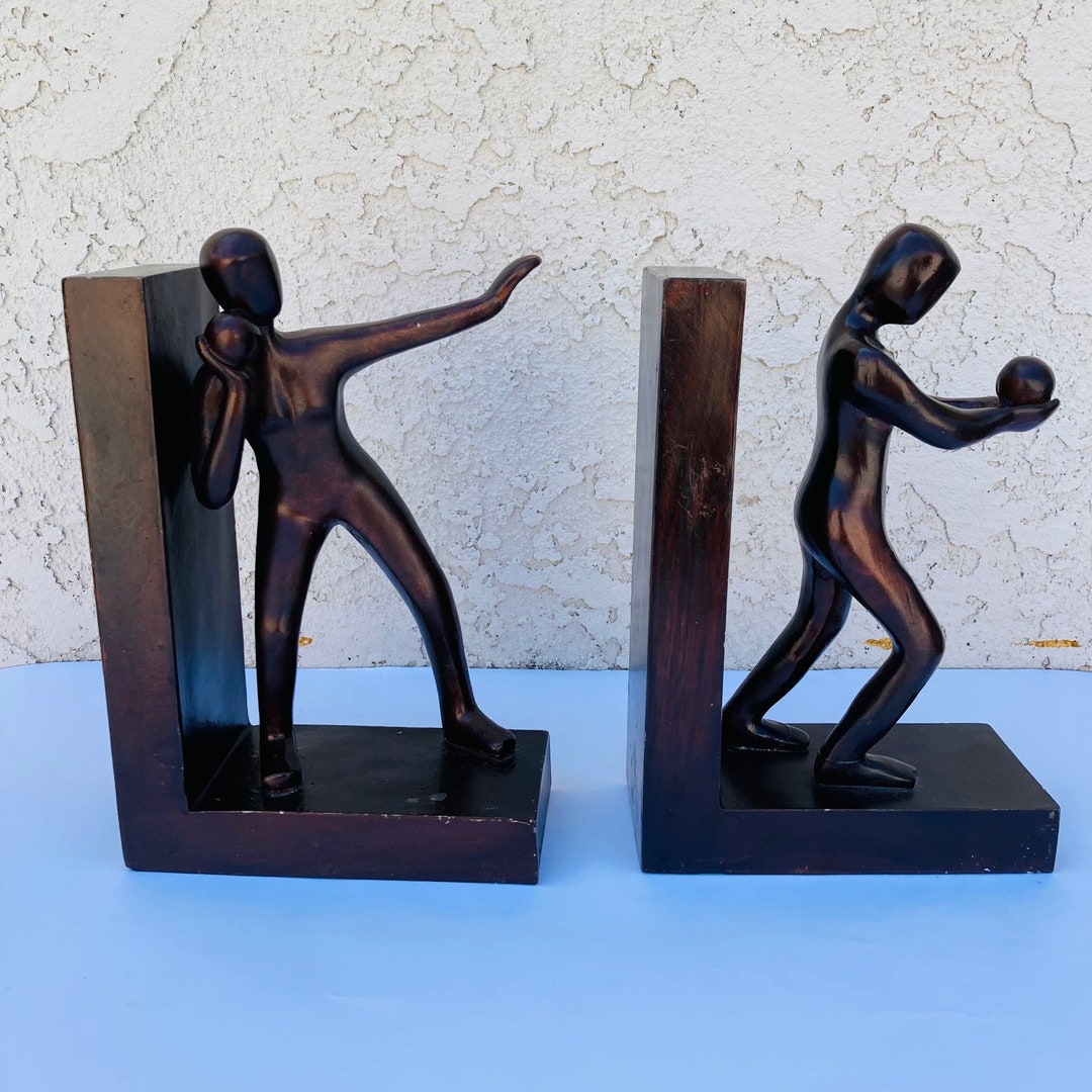 Male Form Male Figure Bookends, Man Athlete Ball Statue, Vintage Book ...