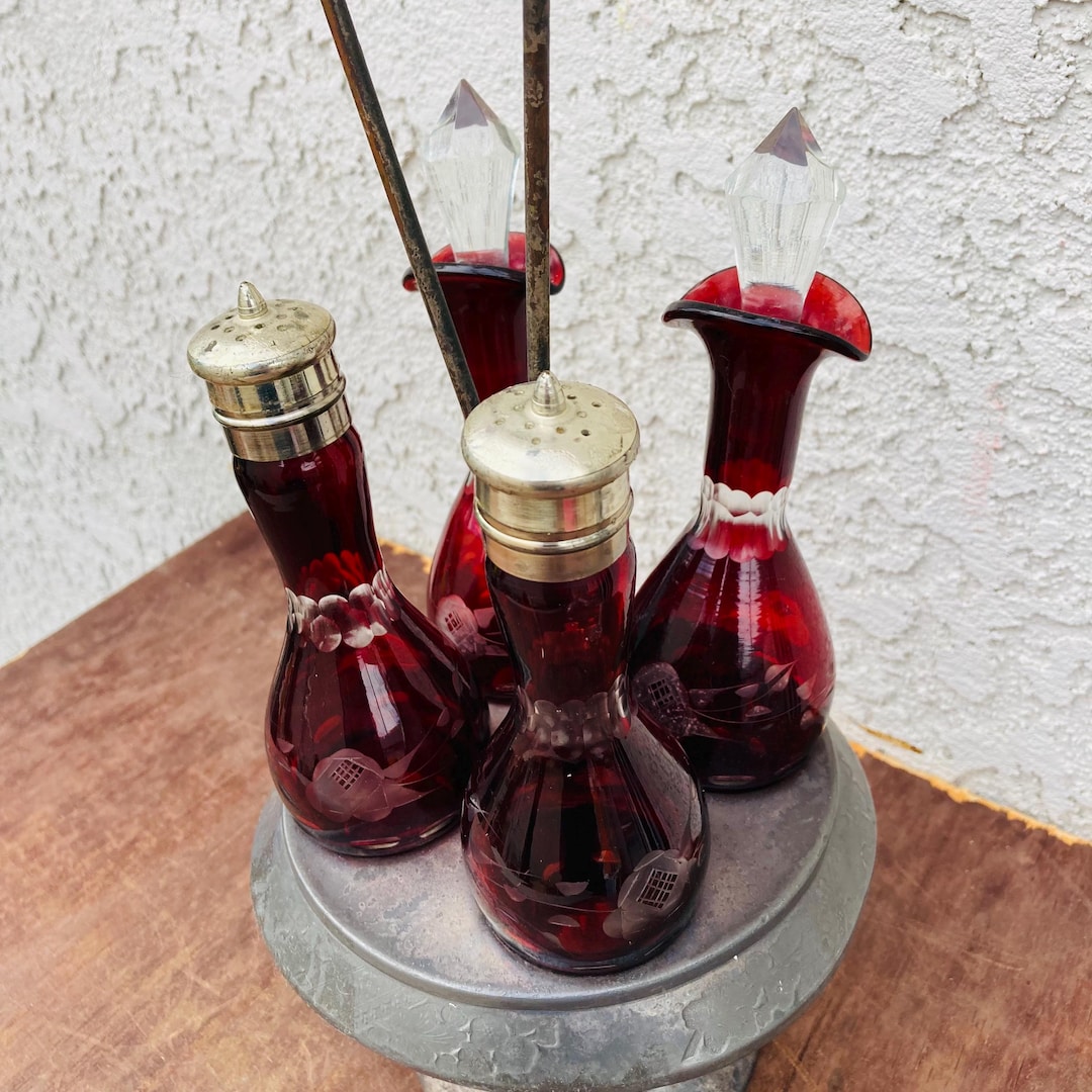 Antique Ruby Red Glass Cruet Set: Silverplated Rotating Stand, Retro ...