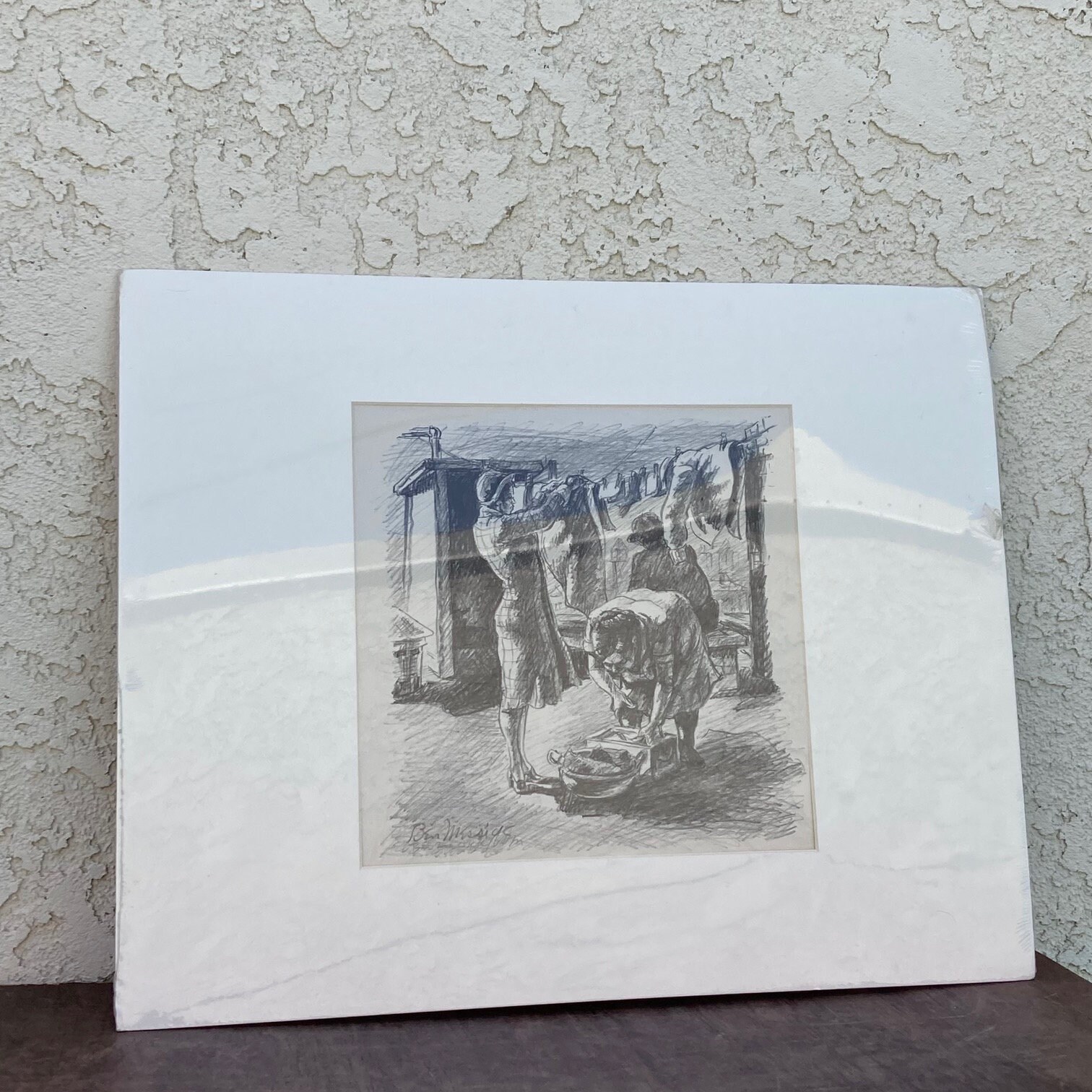 Rare Signed Original Ben Messick Lithograph "Wash Day", Vintage 1940s Drawing Print, Californian ...