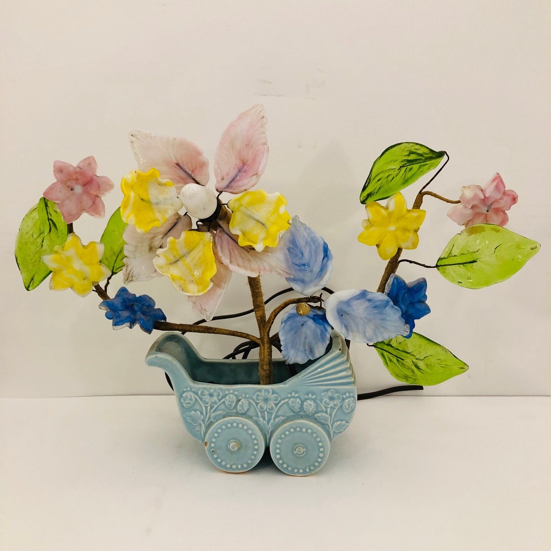 Vintage Ceramic Baby Blue Carriage Flower Lamp, Ceramic Sculpture Glass ...