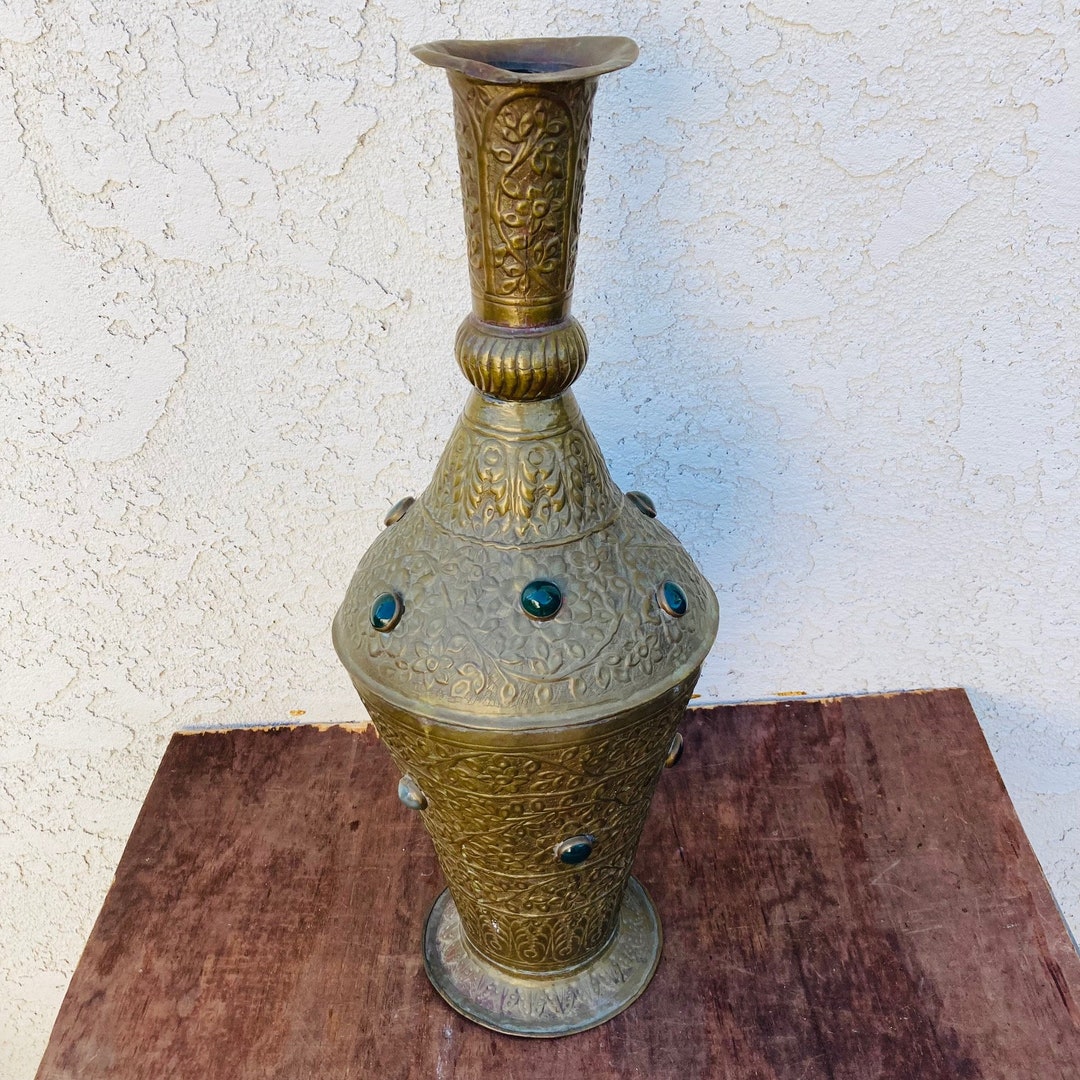 Tall Vintage Middle Eastern Brass Vase With Inlaid Stones, 20" Inch ...