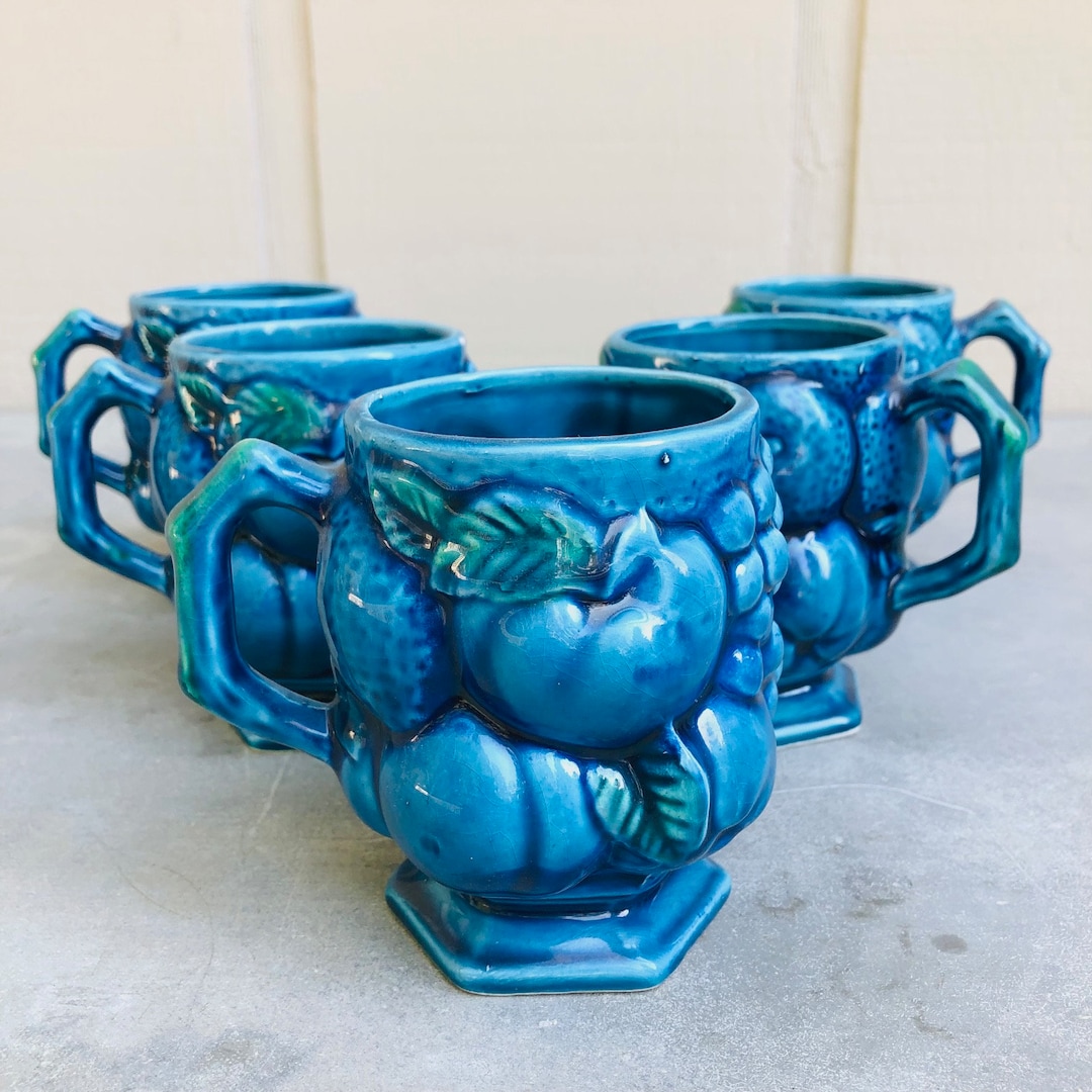 5 Vintage Inarco Mood Indigo Fruit Mugs: Blue Ceramic Drinkware - Etsy