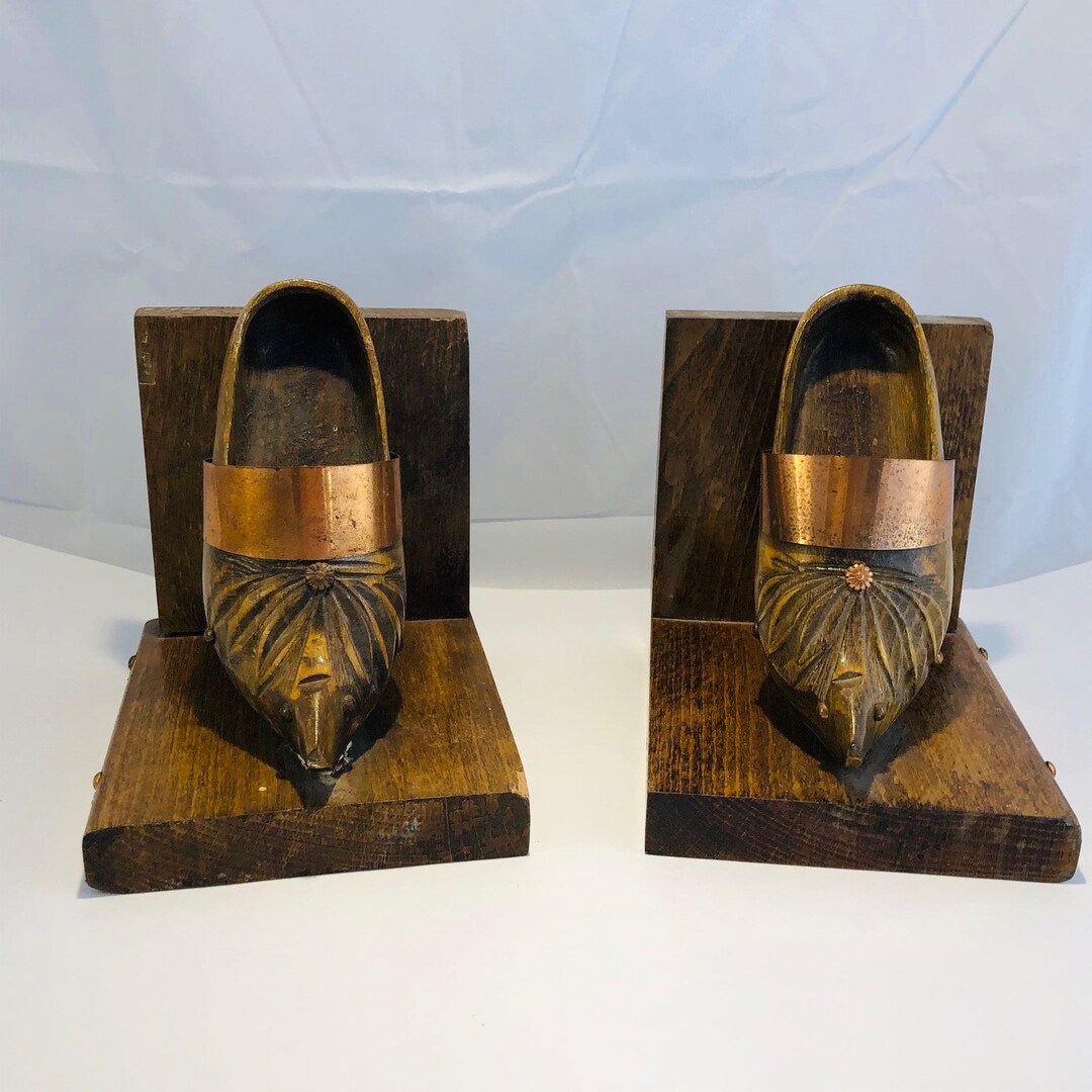 Hand Carved Vintage Pixie Shoe Bookends, Wooden and Copper, Retro ...