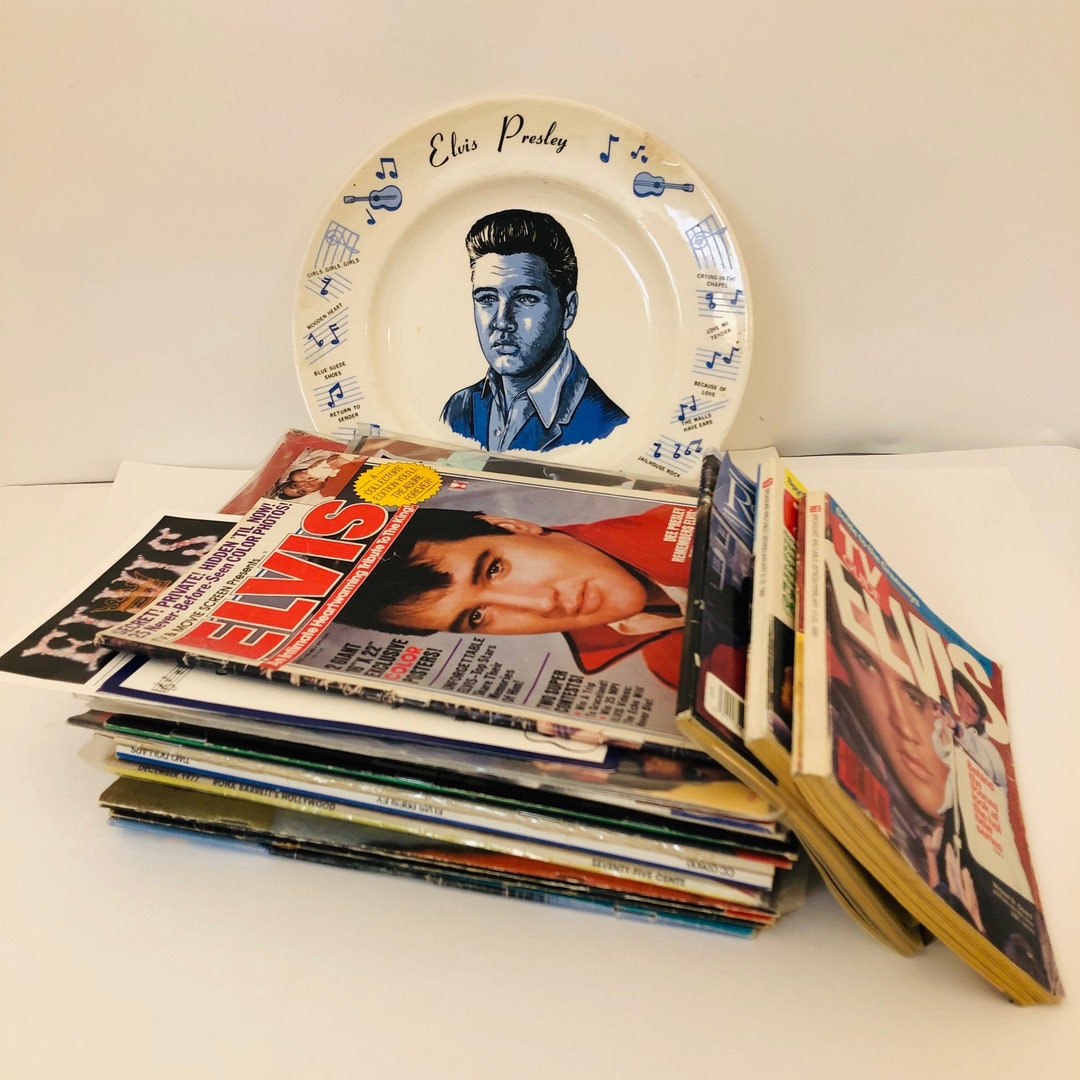 Vintage Elvis Presley Memorabilia Lot: Magazines, Plate, Wrapping Paper ...