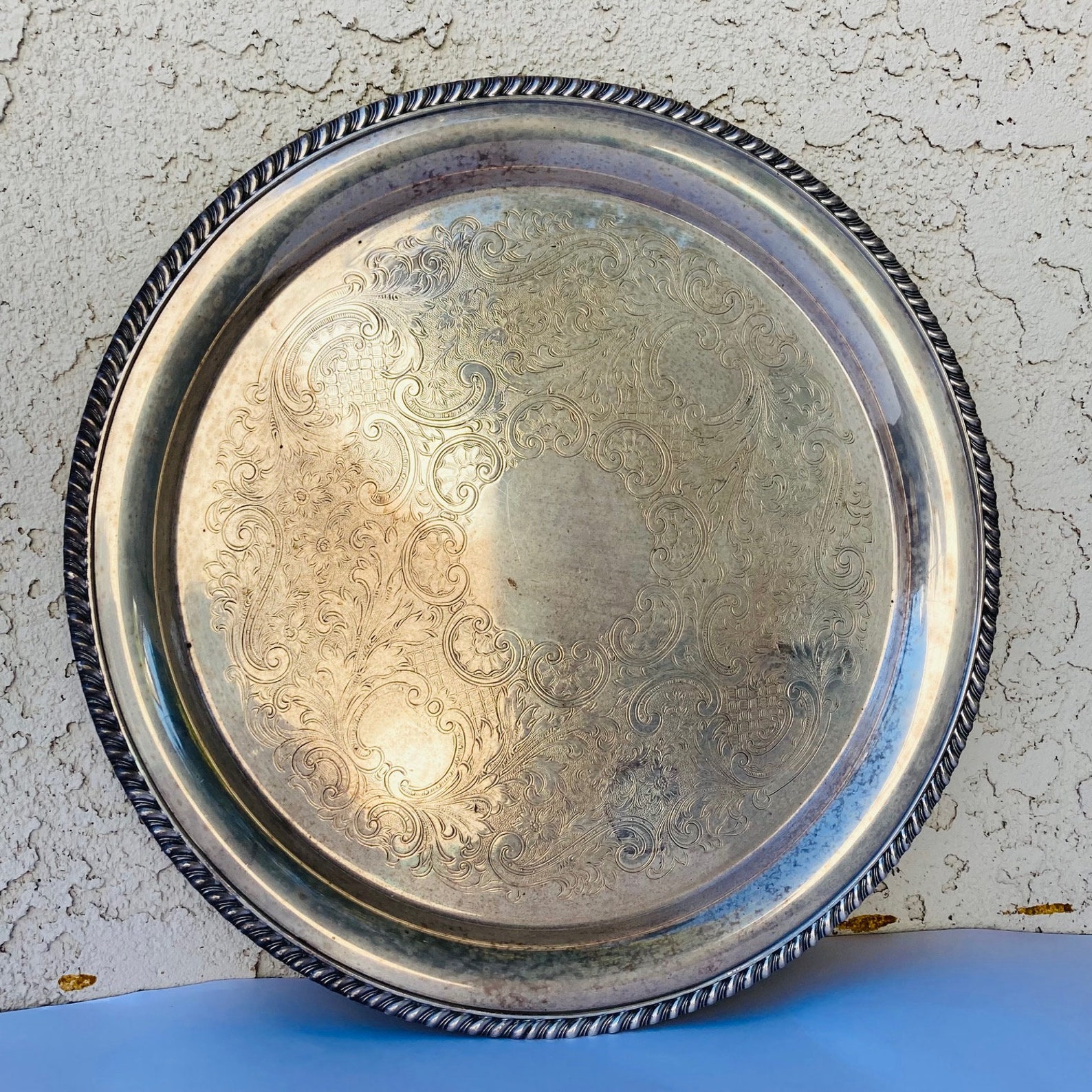 Large Round Vintage Silver Plate Platter, 13 Diameter Tray, Sheridan ...