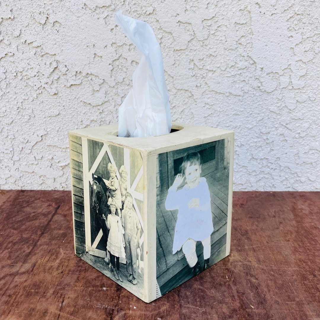Vintage Americana Kids Square Tissue Box Cover, Old Photos Wooden ...