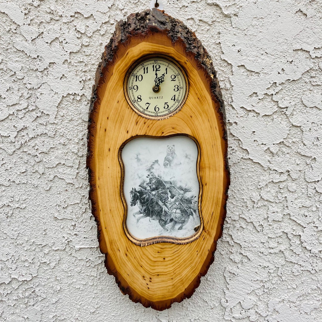 Vintage Wood Slice Wall Clock, Wooden Pine Clock With Picture Frame ...