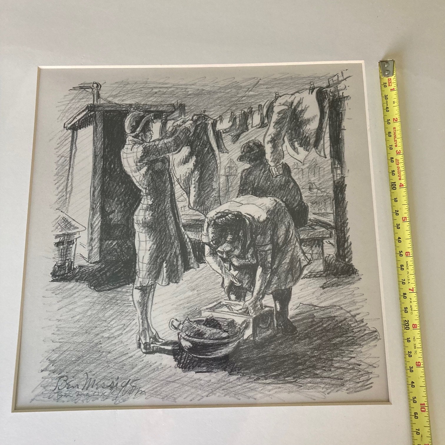 Rare Signed Original Ben Messick Lithograph "Wash Day", Vintage 1940s Drawing Print, Californian ...