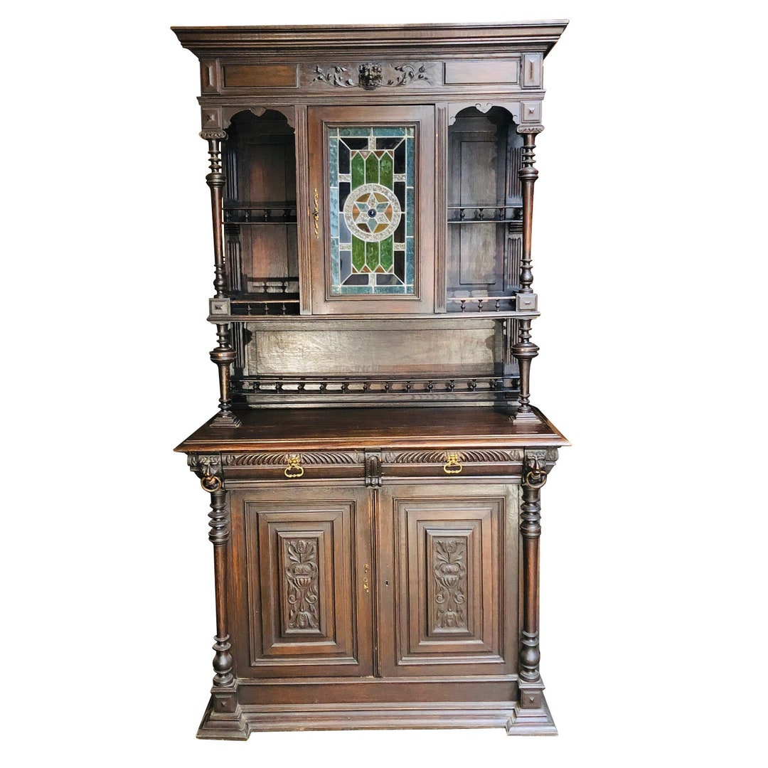 Antique Sideboard, Antique Cabinet, Carved Oak Cabinet, Leaded Glass ...