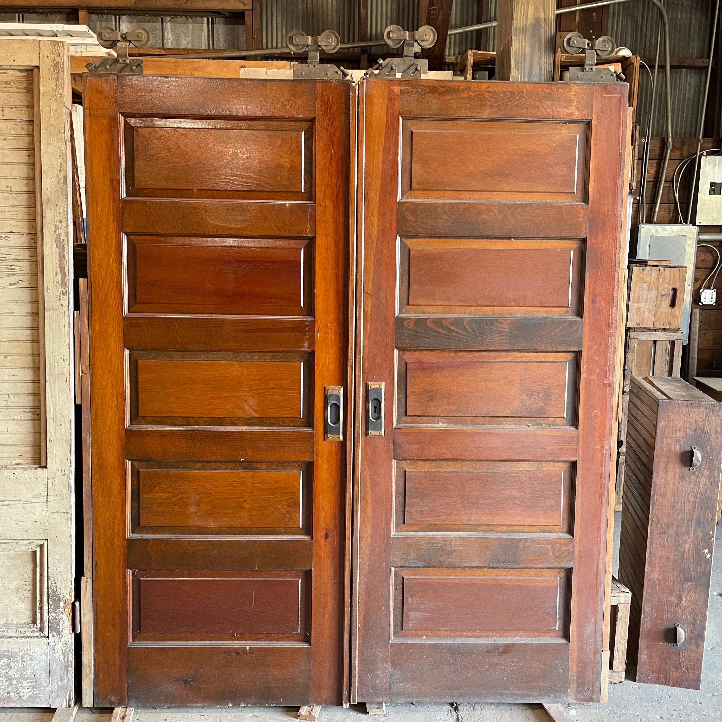 Heart Pine Pocket Doors | Natural Wood Finish | 5 Panel | Original Door ...