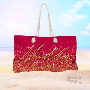 Personalized Sparkly Gold Glitter Beach Bag, Canvas Beach Bag With Rope ...