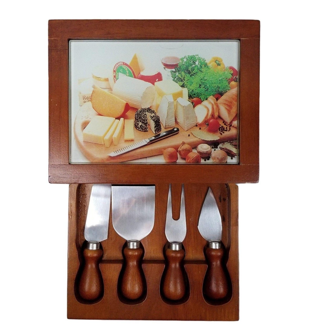 Wood Glass Cheese Board Box 4 Knife Spreader Set Vintage 70s Mid ...