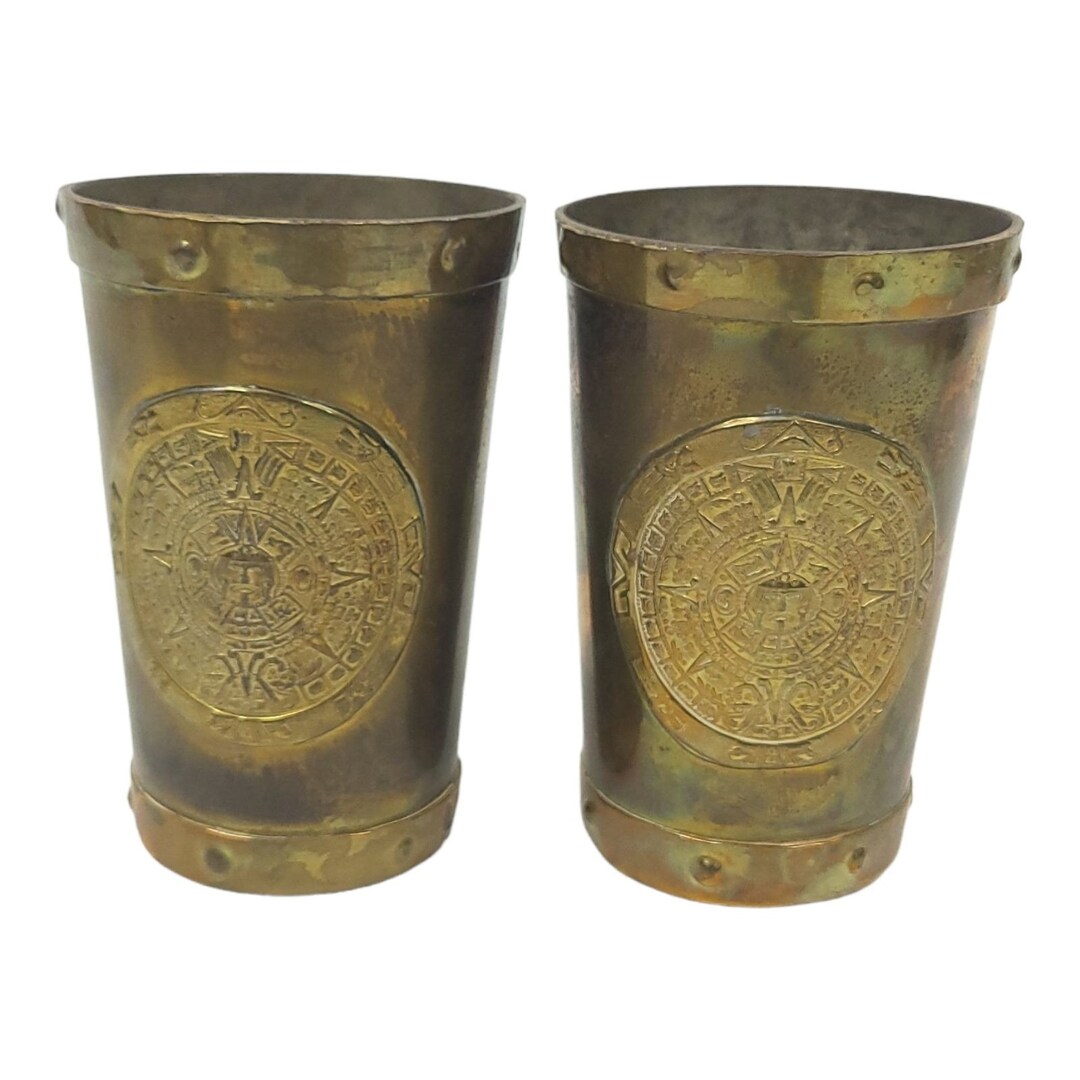 Mayan Aztec Calendar Emblem Copper Brass 14 Oz Cups Patina Set of 2 ...