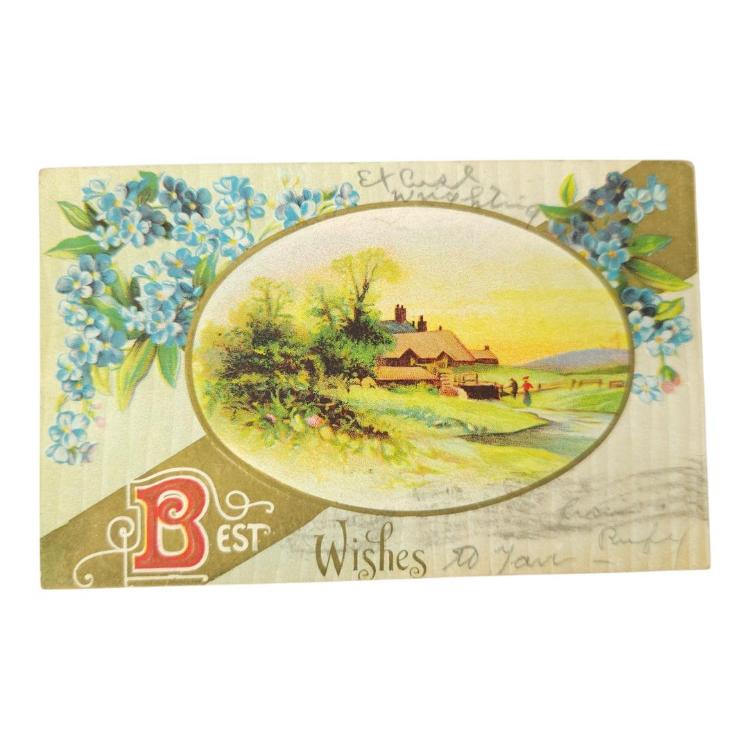 Vintage Ca. 1900s Best Wishes Embossed Postcard Countryside Home Blue ...