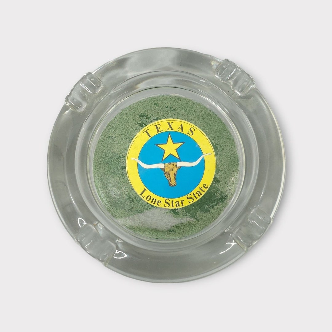 Texas Lone Star State Glass Ashtray Round 4 Slot Longhorn Souvenir ...