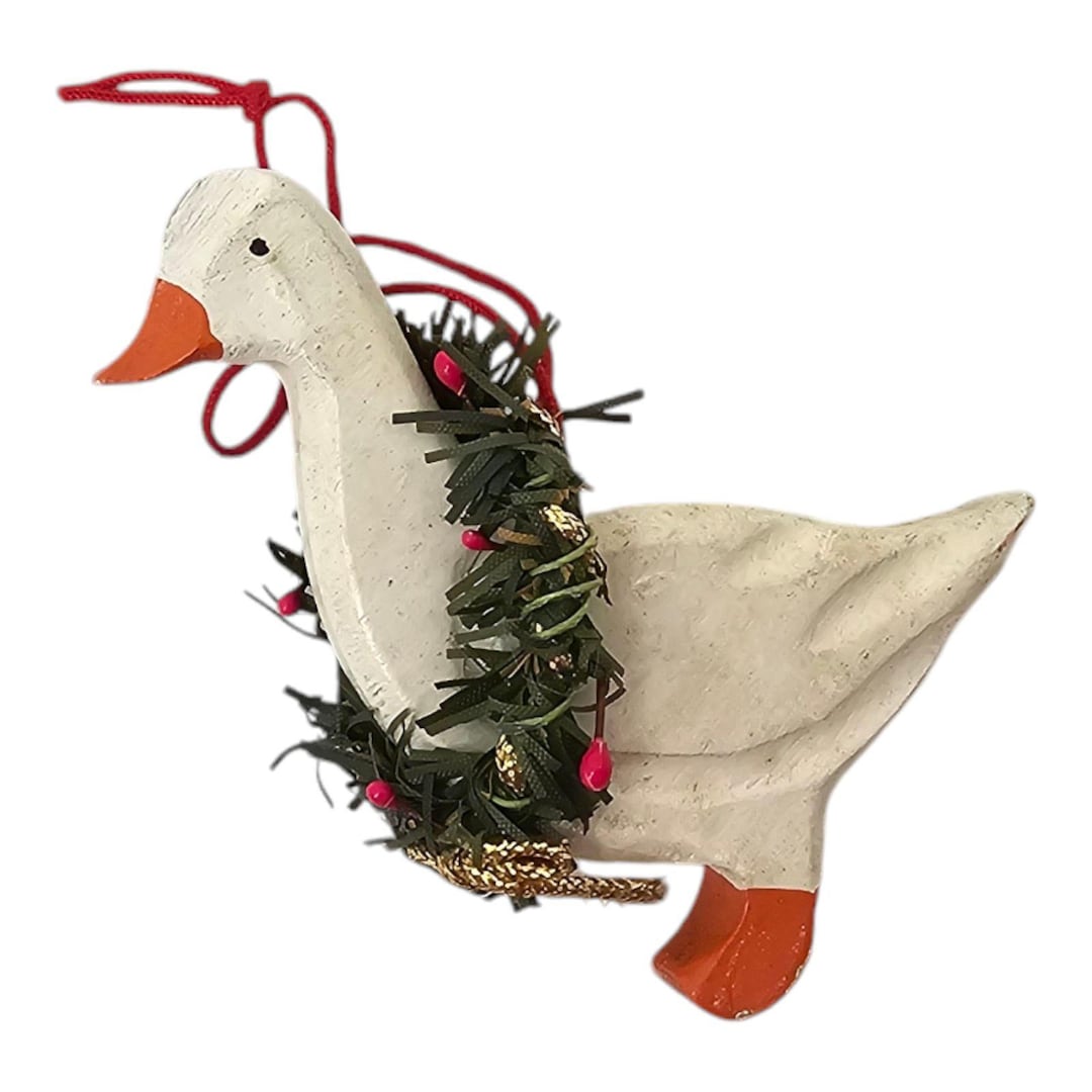 Duck Goose Wearing Wreath Christmas Ornament Holiday 3" Wooden Vintage ...