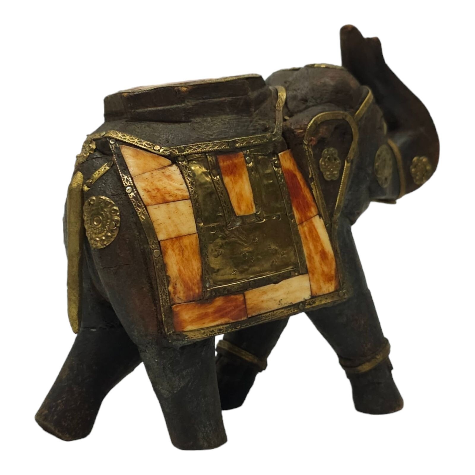 Elephant Statue Vintage Trunk up Good Luck Symbol Brass Inlay Wood ...
