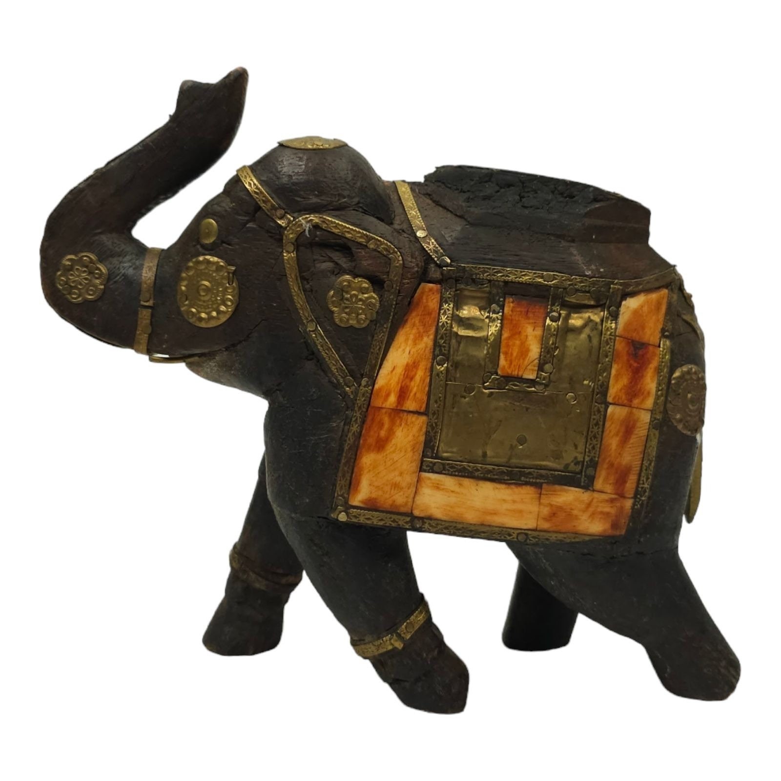Elephant Statue Vintage Trunk up Good Luck Symbol Brass Inlay Wood ...