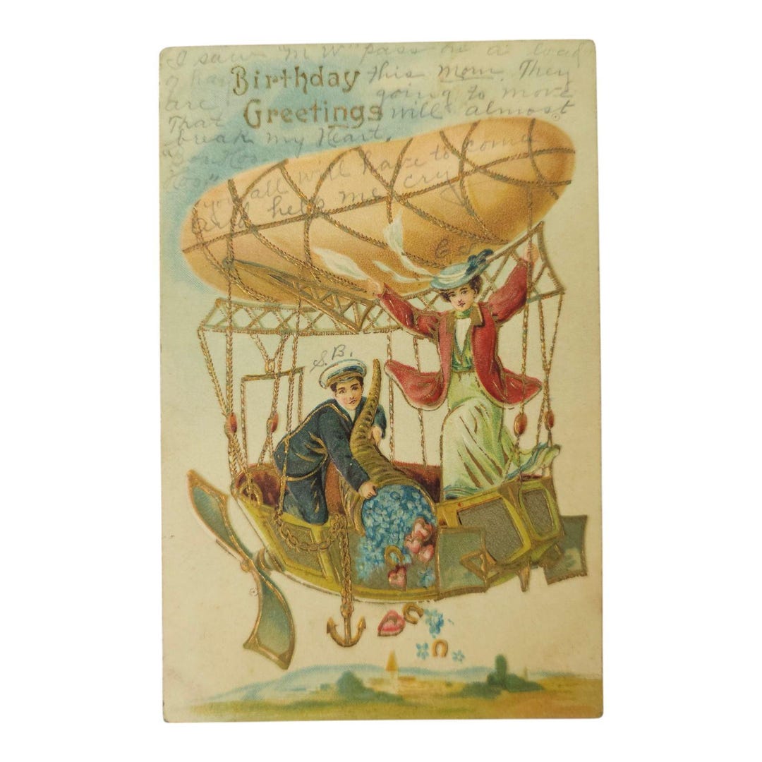 Vintage Ca. 1900s Birthday Greetings Embossed Postcard Blimp Balloon ...