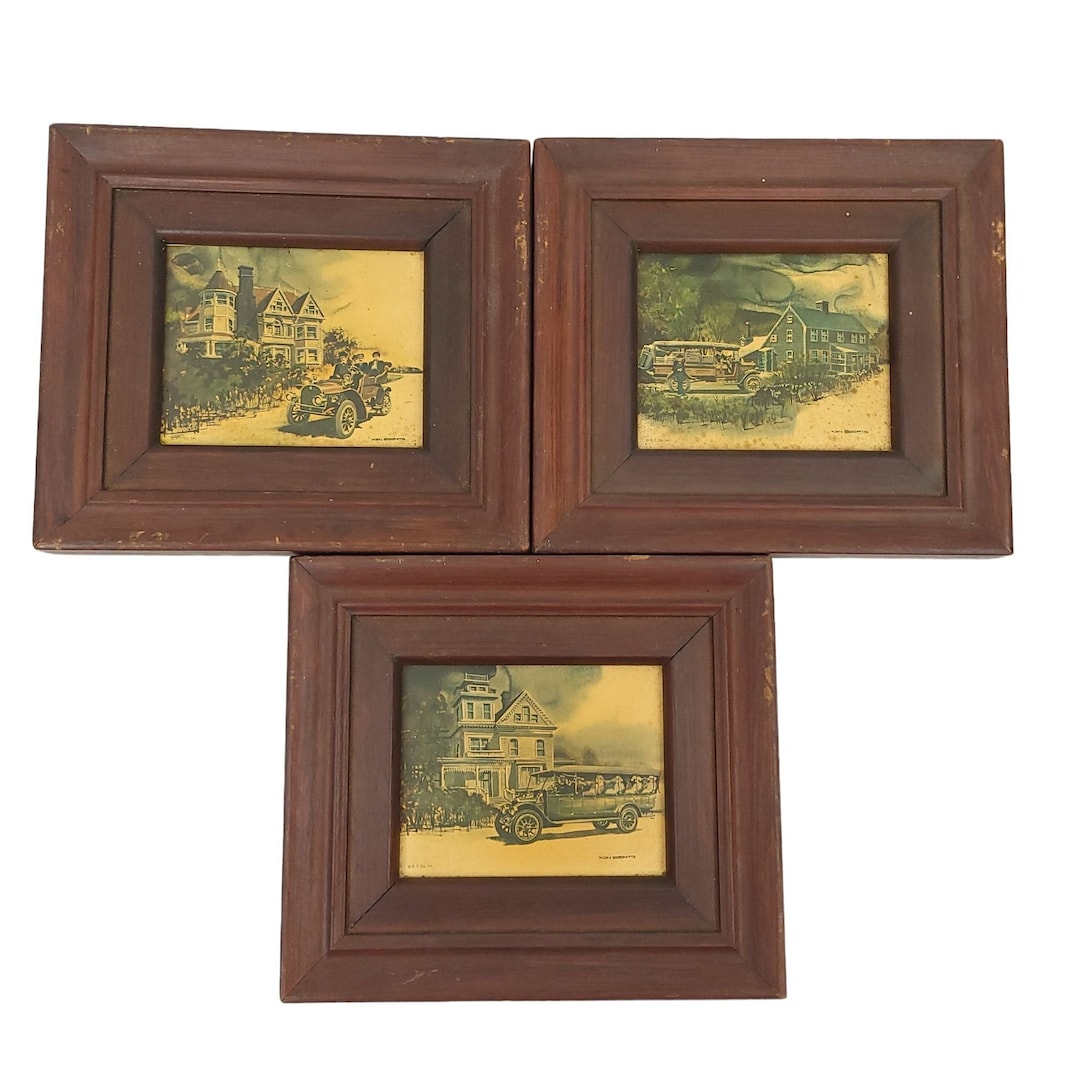 Vintage 70s Ken Eberts Wood Framed Automotive House Prints B. P. Co ...