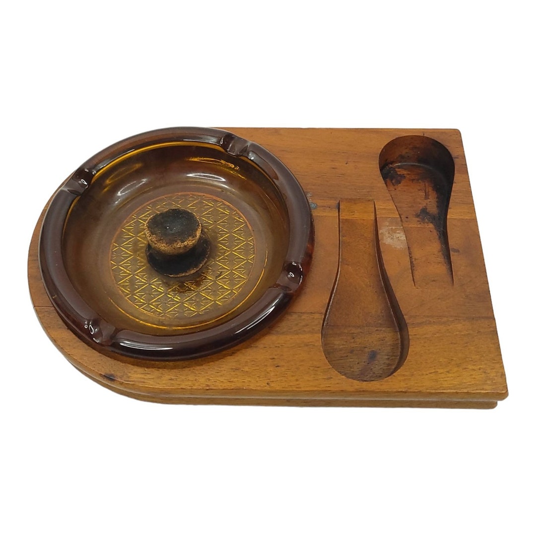 Decatur Amber Ashtray Double Pipe Holder READ DESCRIPTION Vtg Walnut ...