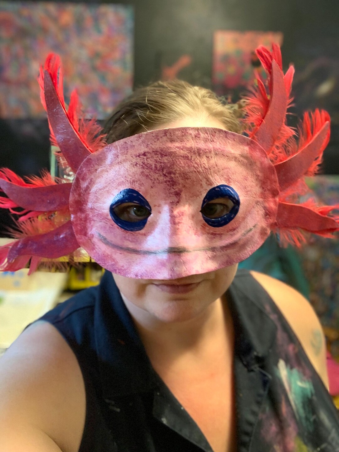 Axolotl Mask - Hand Painted Faux Leather and Real Feather Half Mask - Etsy