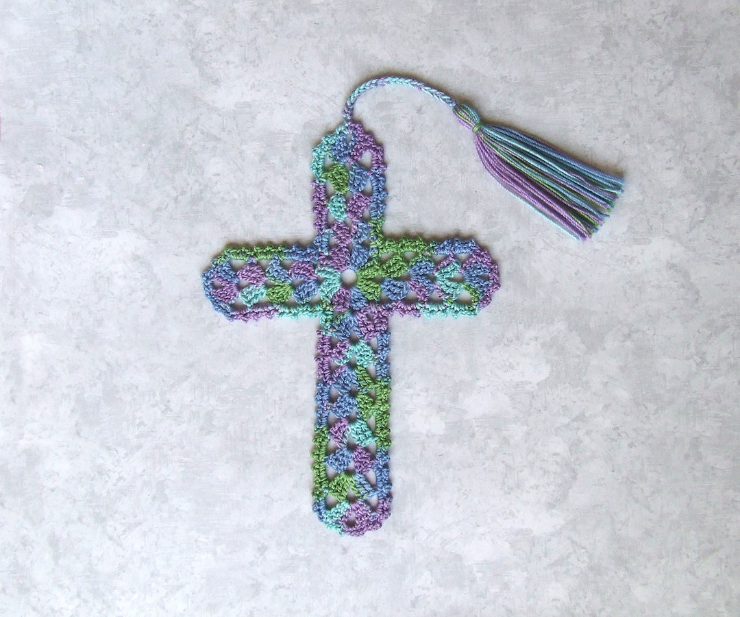 Hand Crocheted Cross Bookmark in Shades of Blues-green & Purple Free ...