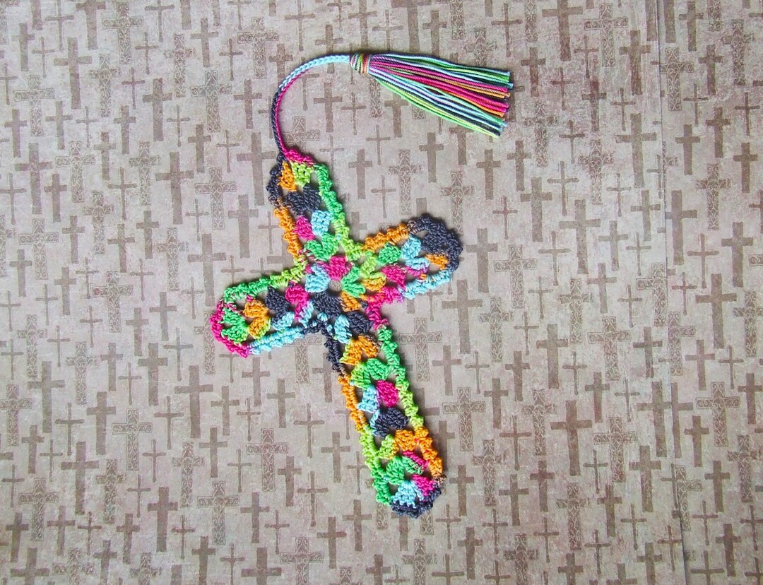 Hand Crocheted Cross Bookmark in Shades of Bright Colors Crocheted With ...