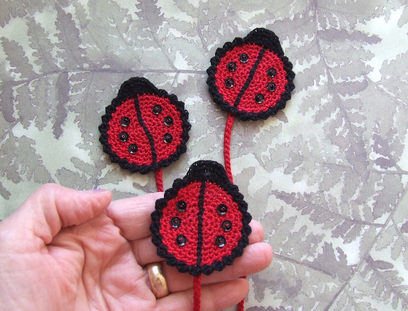 Hand Crocheted Ladybug Bookmark - Red With Black Sequin Dots - 9 Inches ...