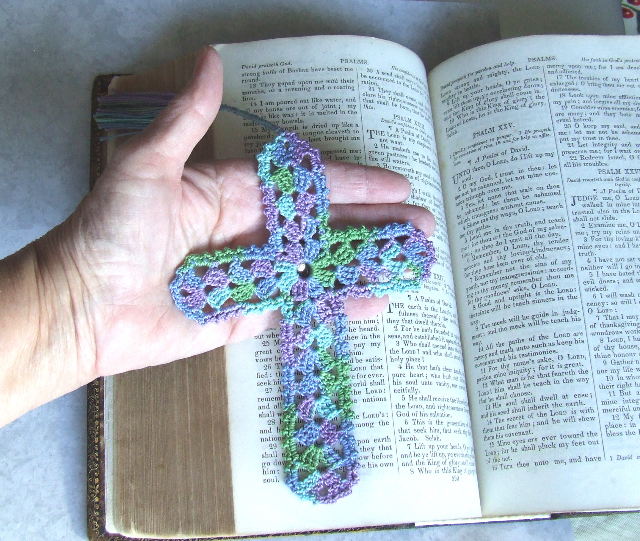 Hand Crocheted Cross Bookmark in Shades of Blues-green & Purple Free ...