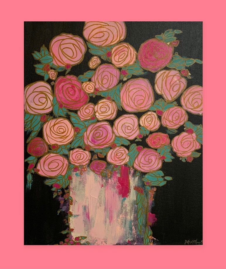 Roses in Black Vase, Original Acrylic Art, 20 x 16, Abstract Floral ...