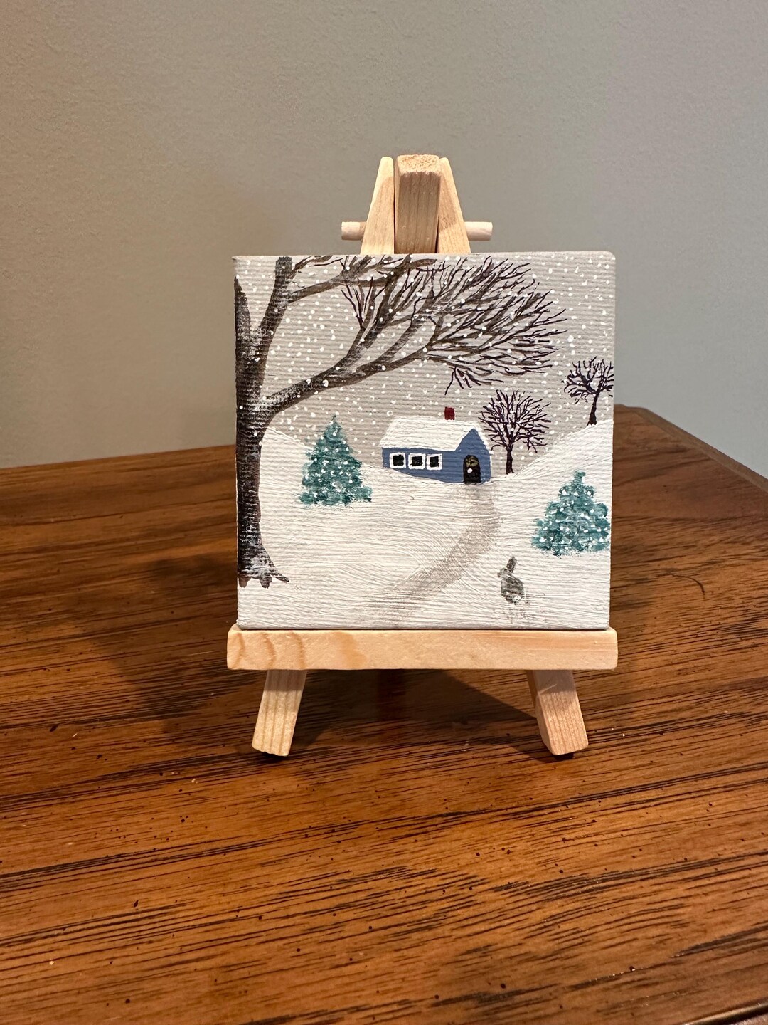 Tiny Blue Cottage in Snowy Landscape, Tiny Acrylic Painting With Easel ...