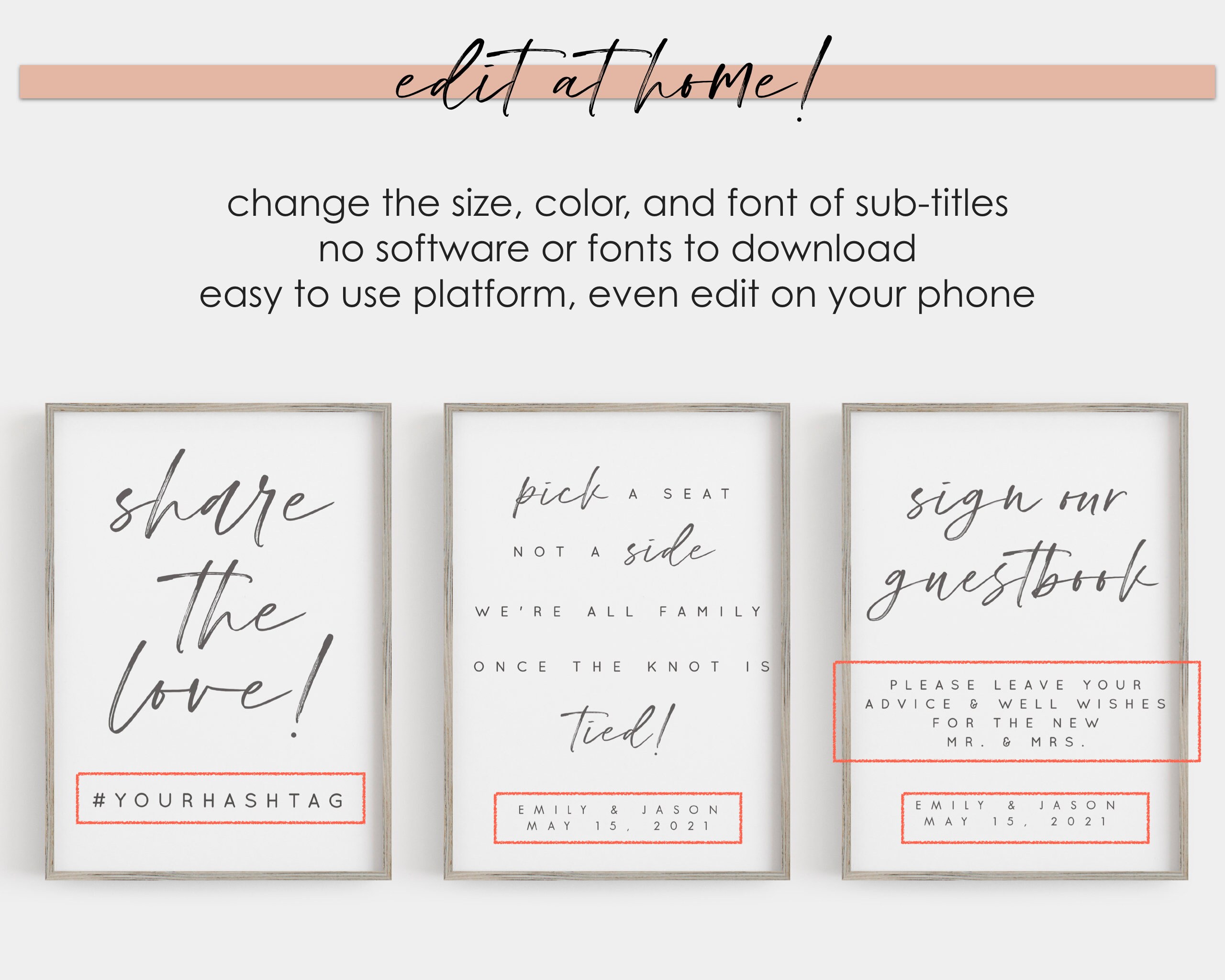 BUNDLE - Brush Script Modern Wedding Sign Collection ~ Editable ...