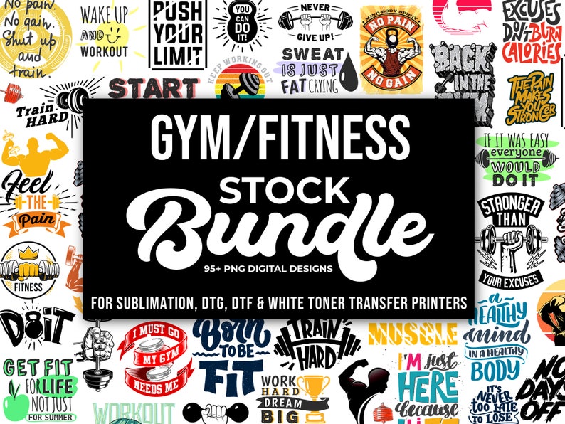 PNG Gym Fitness Design Bundle, for Sublimation, DTG, DTF, Transfer ...
