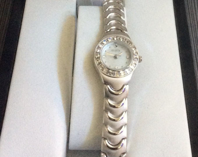 Elgin Women's Silver Watch Crystal Round Pearl Dial Crystal Hours on ...
