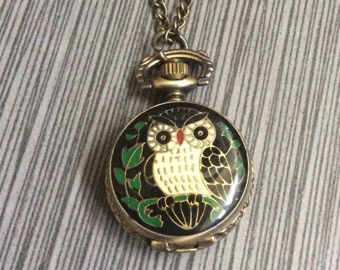 Mini Owl Pocket Watch Round White Arabic Hour Markers on a Antique Gold ...