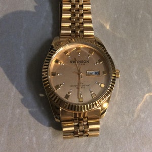 SWANSON Men's Gold Watch 45MM Round Gold Dial Unique Hour Markers Day ...