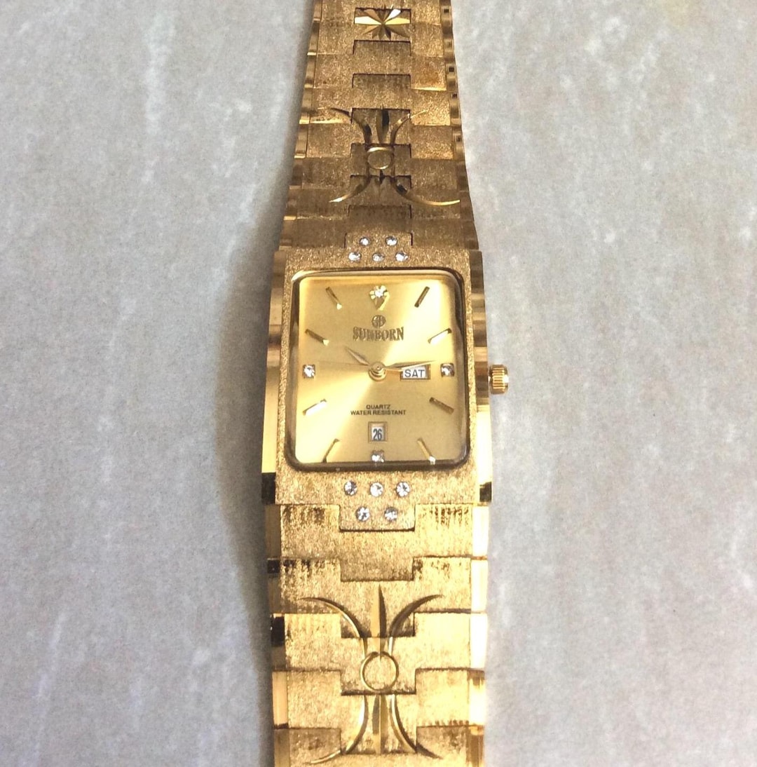 SUNBORN Crystal Men's Watch Rectangle Gold Dial Day & Date Indicators ...
