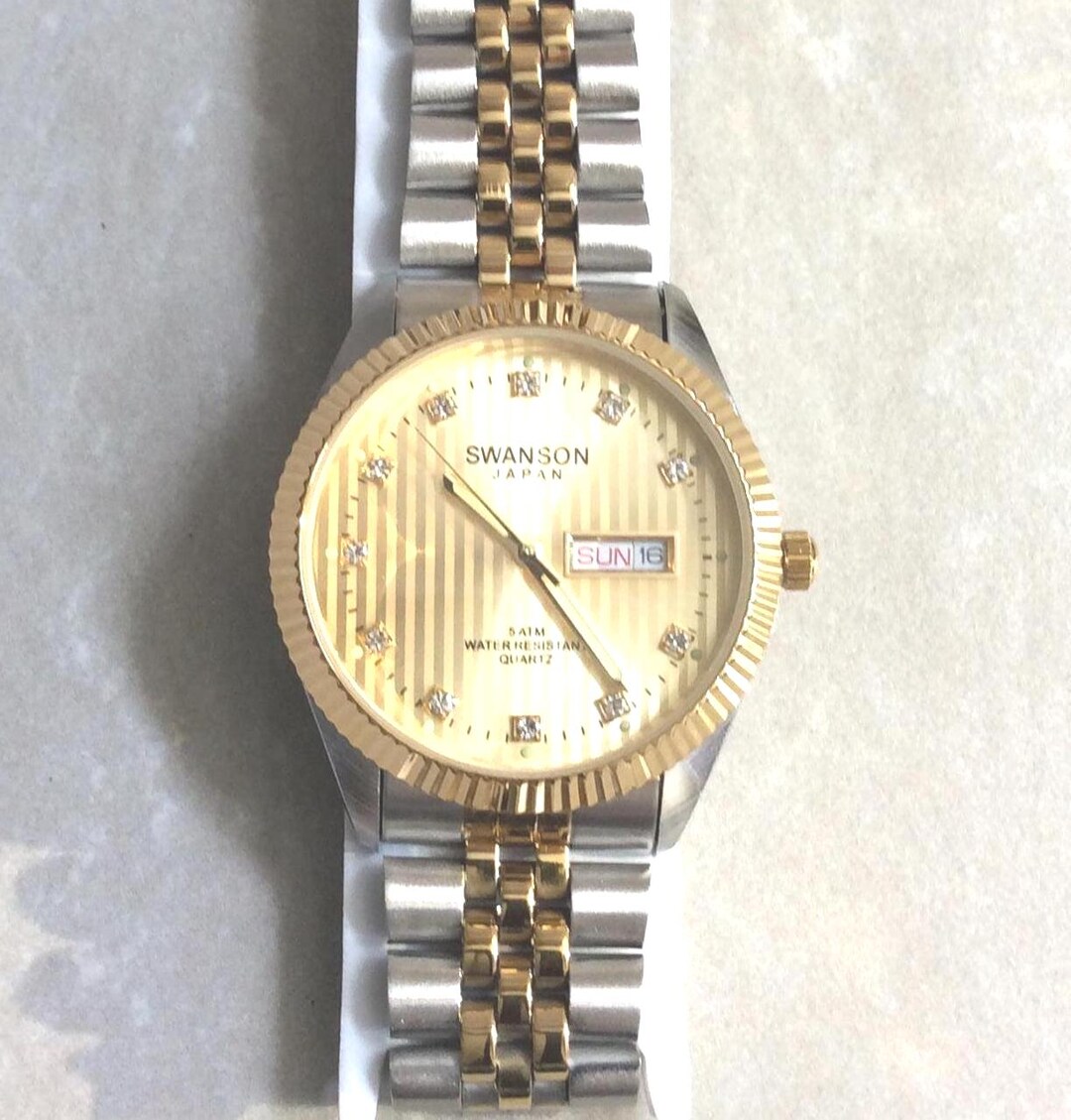 SWANSON RX Men's Watch Round Gold Accented Dial Crystal Hour Marker's ...