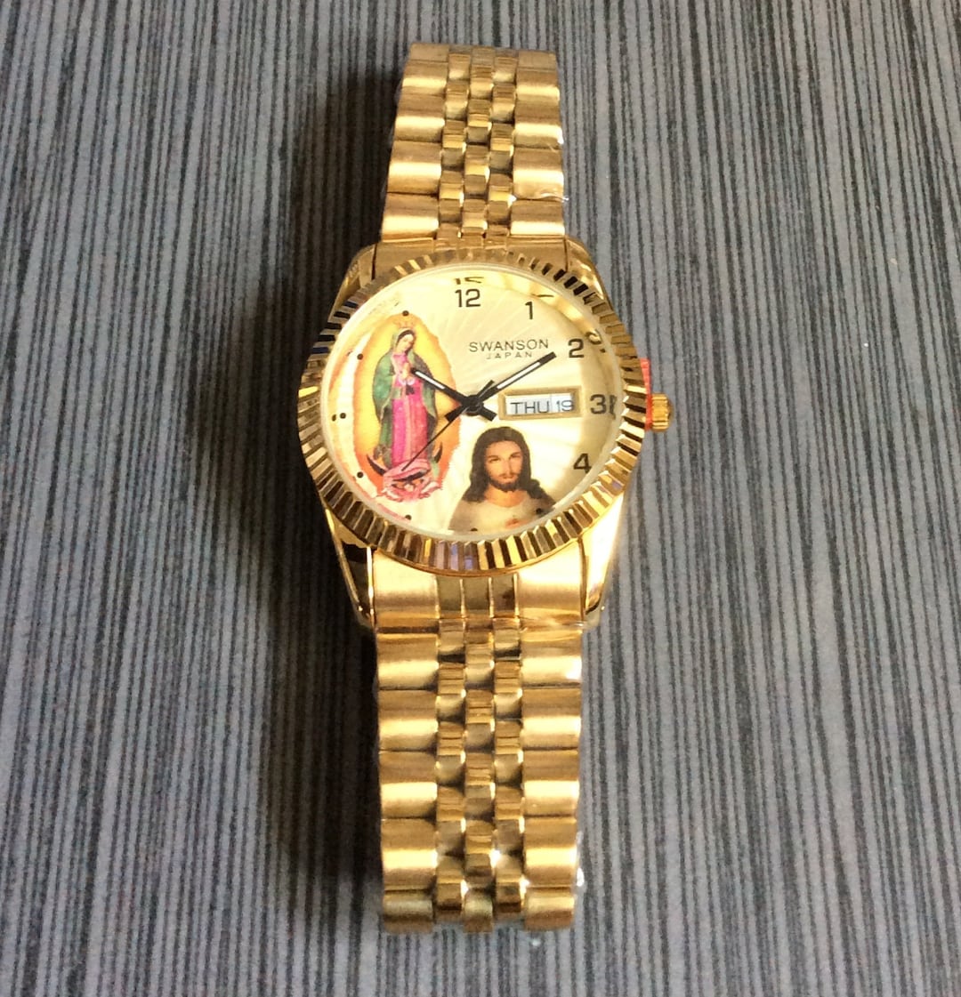 Swanson Men's Religious Watch Jesus Guadalupe Gold Dial Arabic Hours on ...
