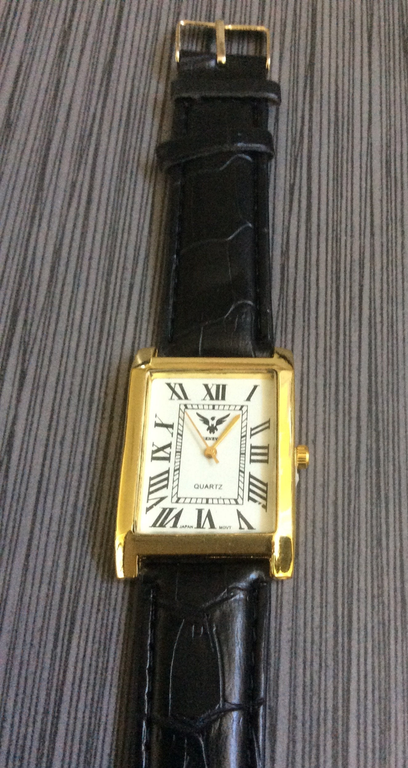 Geneva Men's Gold Watch Rectangle White Dial Black Roman